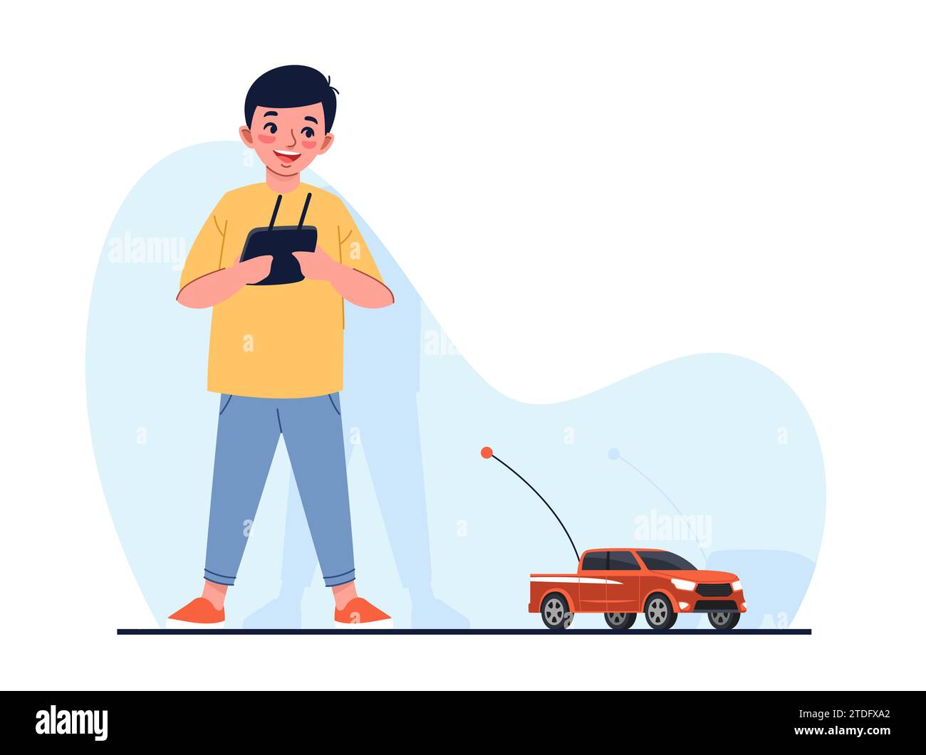 Boy drives remote controlled toy car. Little wireless automobile with ...