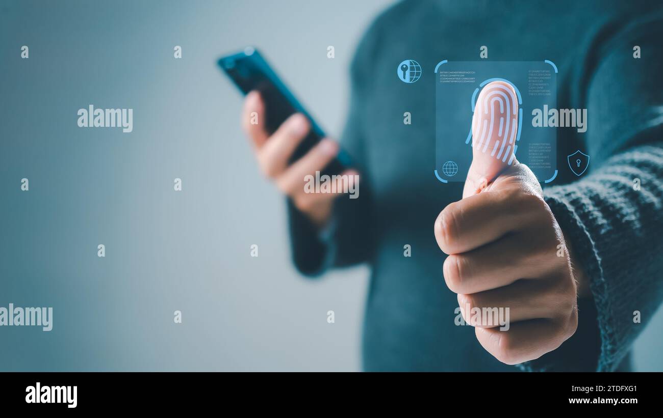Businessman scan fingerprint biometric identity and approval. Secure ...