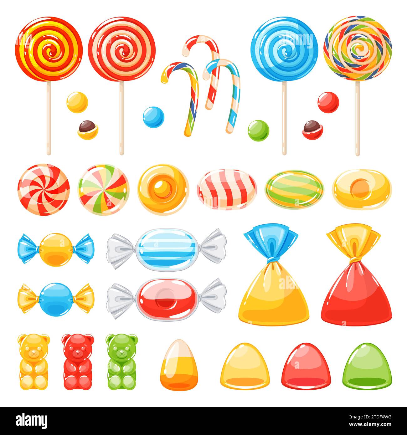 Cartoon candies. Multi colored different types caramel, in wrappers and ...