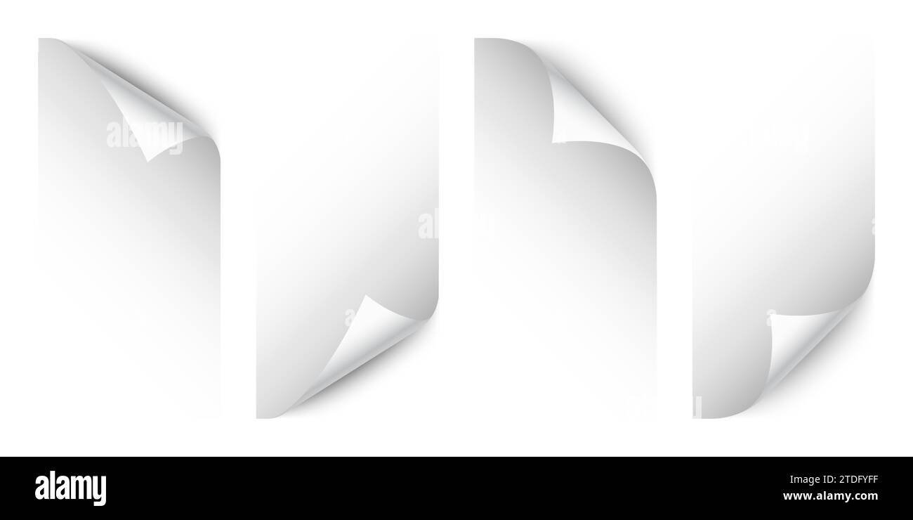 Set of white paper curls. Curled page corner with shadow. Blank sheet ...