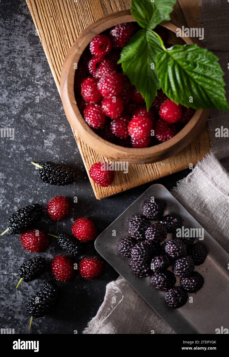 Image decorated with raspberries, black berry and mulberry Stock Photo ...