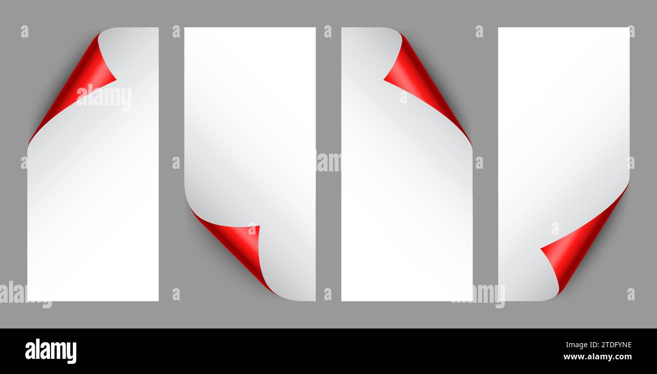 Set of red paper curls. Curled page corner with shadow. Blank sheet of ...