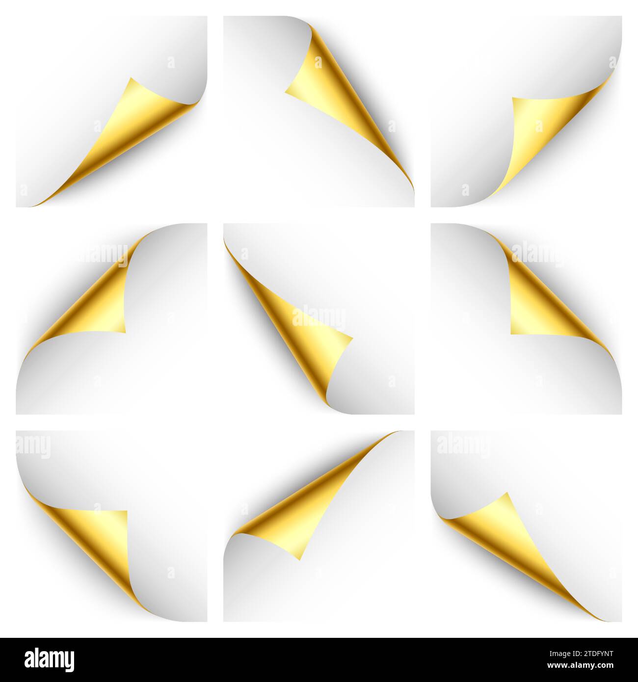 Set of golden paper curls. Curled page corner with shadow. Blank sheet ...