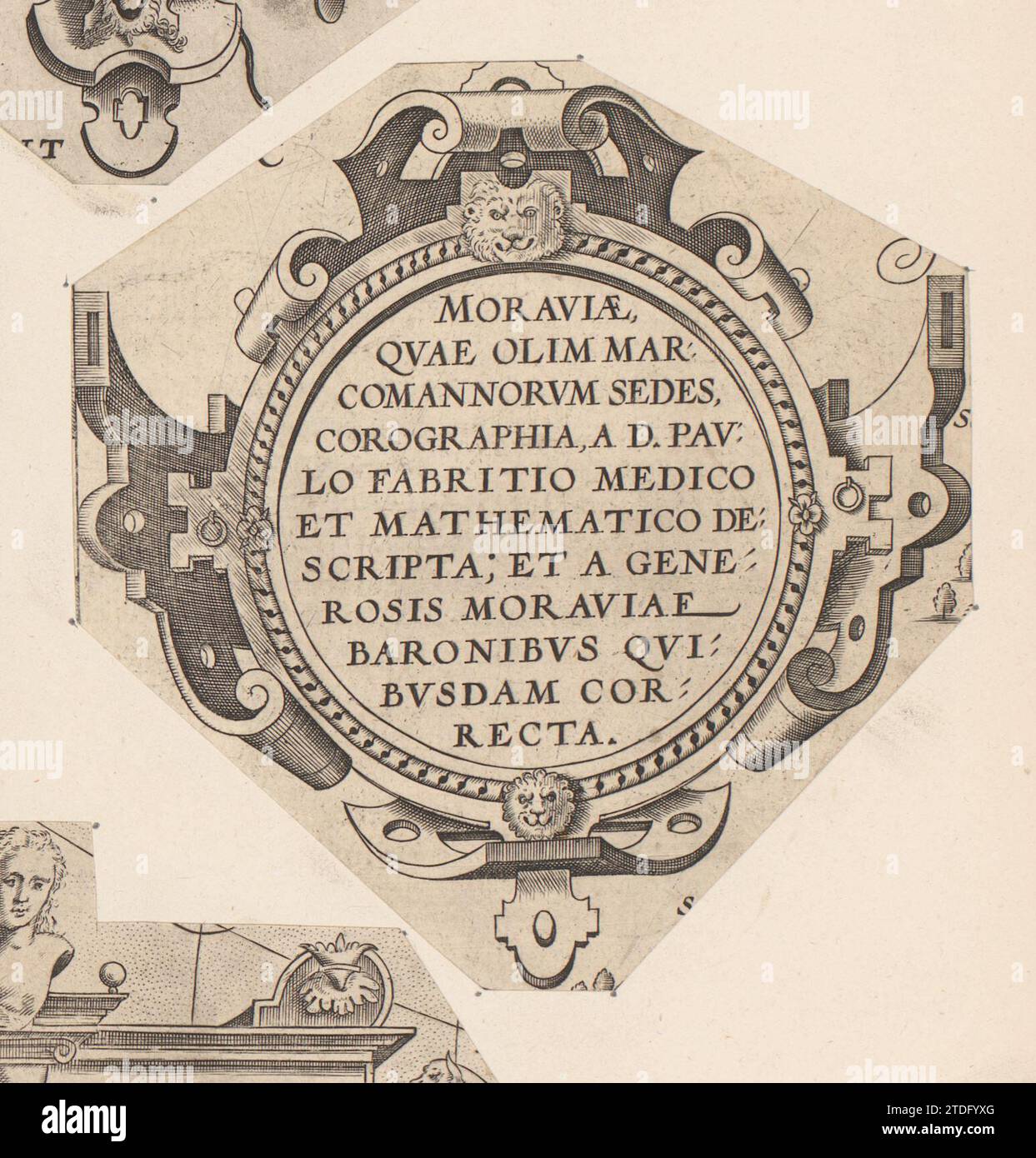 Round Cartouche with two mascarons, 1573 Round rolling cartouche with a ...