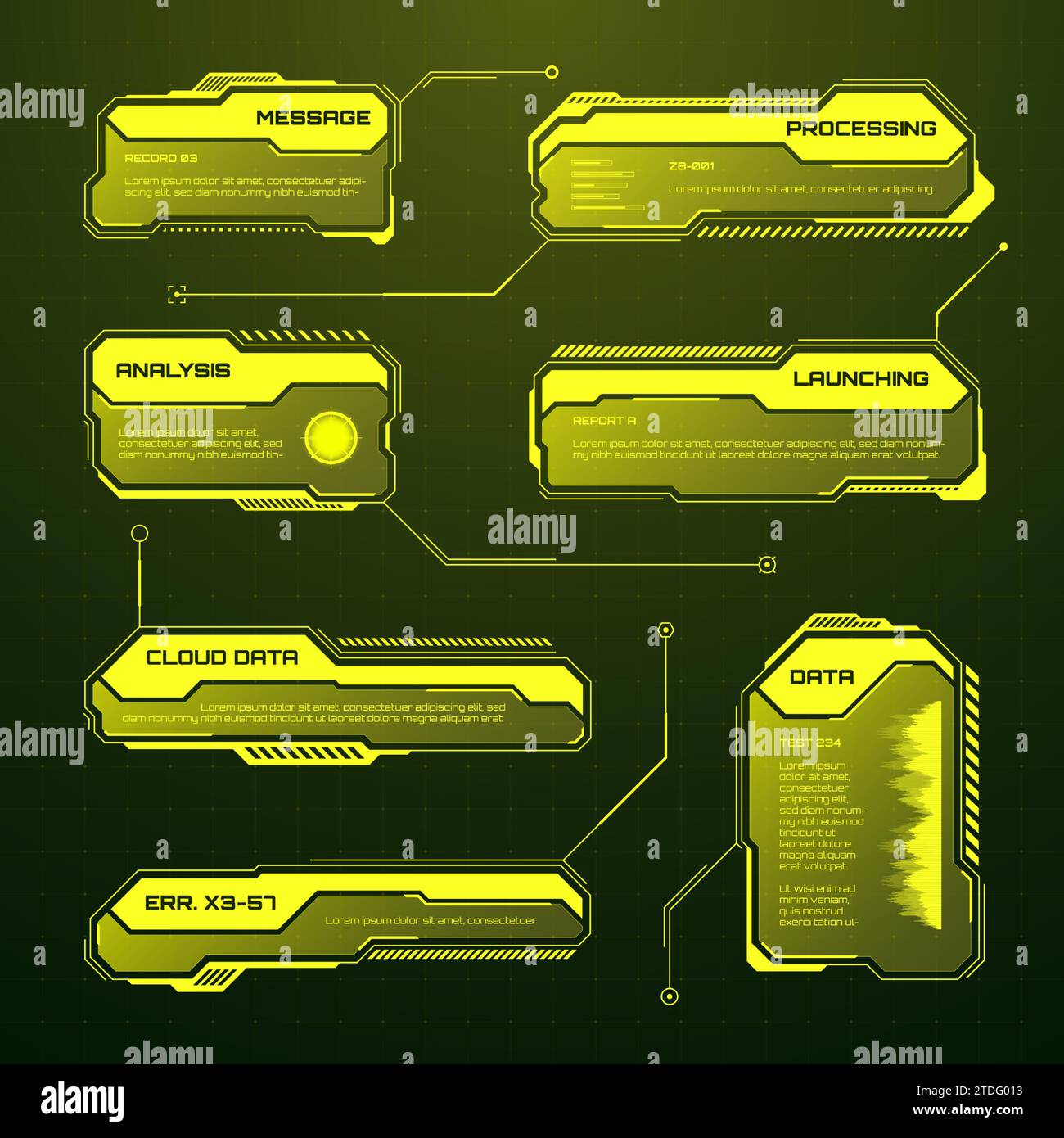 Yellow futuristic HUD, UI elements. Sci-fi user interface text boxes, callouts. Warning message ...