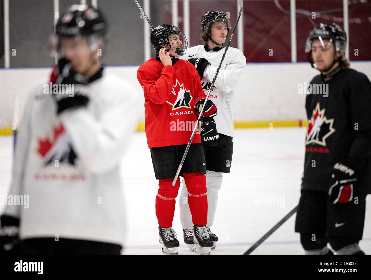 Macklin Celebrini (17) and Conor Geekie (28) when Canada's team trains ...