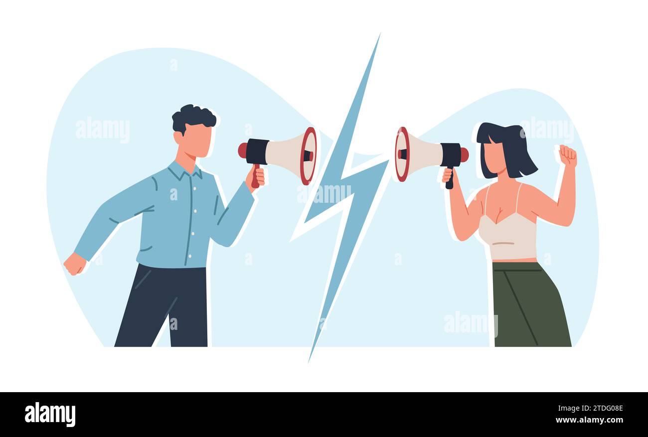 Conflict between guy and girl. Man and woman shouting into a megaphone ...
