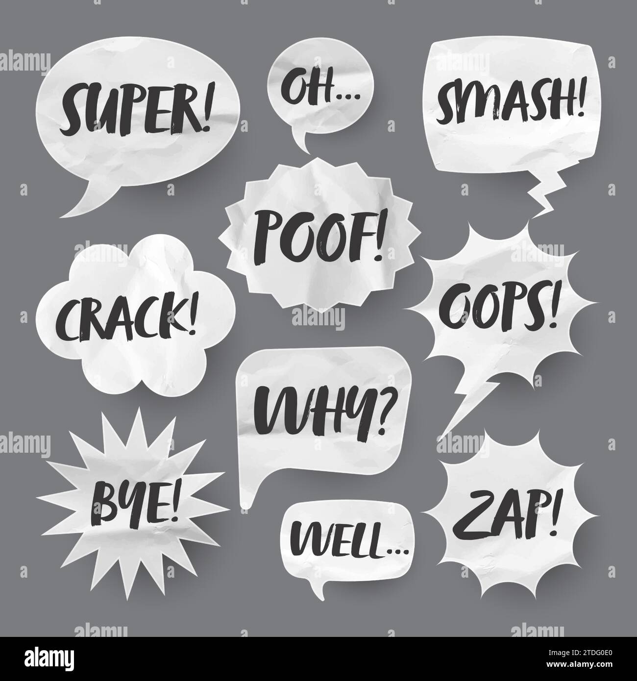 Crumpled paper comic speech bubbles. Hand drawn retro cartoon stickers ...