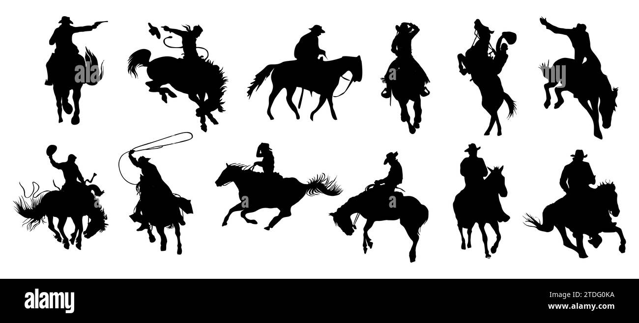Cowboy riding horse black silhouettes vector set Stock Vector Image ...