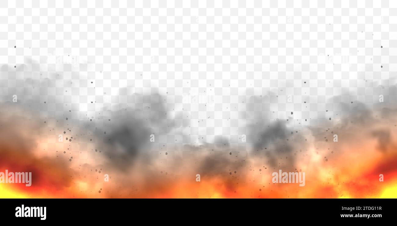 Realistic black smoke clouds and fire. Flame blast, explosion. Stream ...