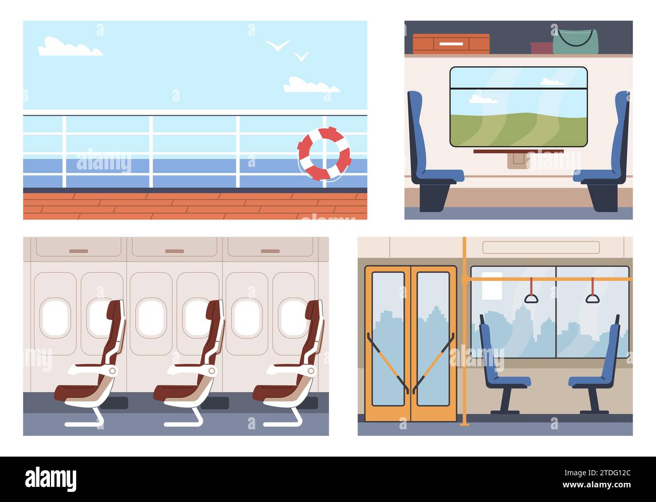 Empty lounges on train, airplane, bus and ship. Public transport ...