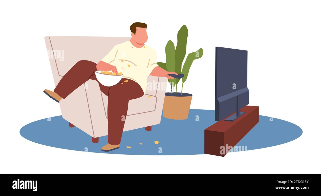 Fat man eats in front of TV. Boy sitting on sofa and watching ...