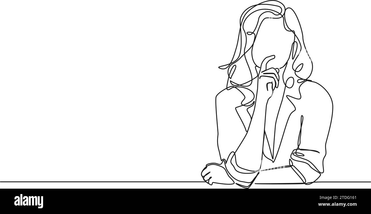 continuous single line drawing of thoughtful and sceptical woman, line ...
