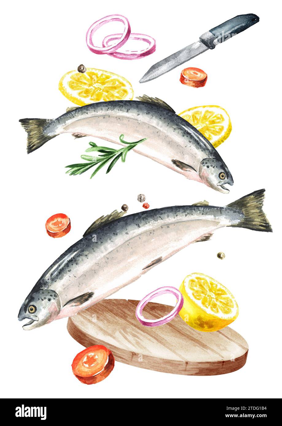 Raw fresh fish is tossed on a wooden chopping board. Cooking concept ...