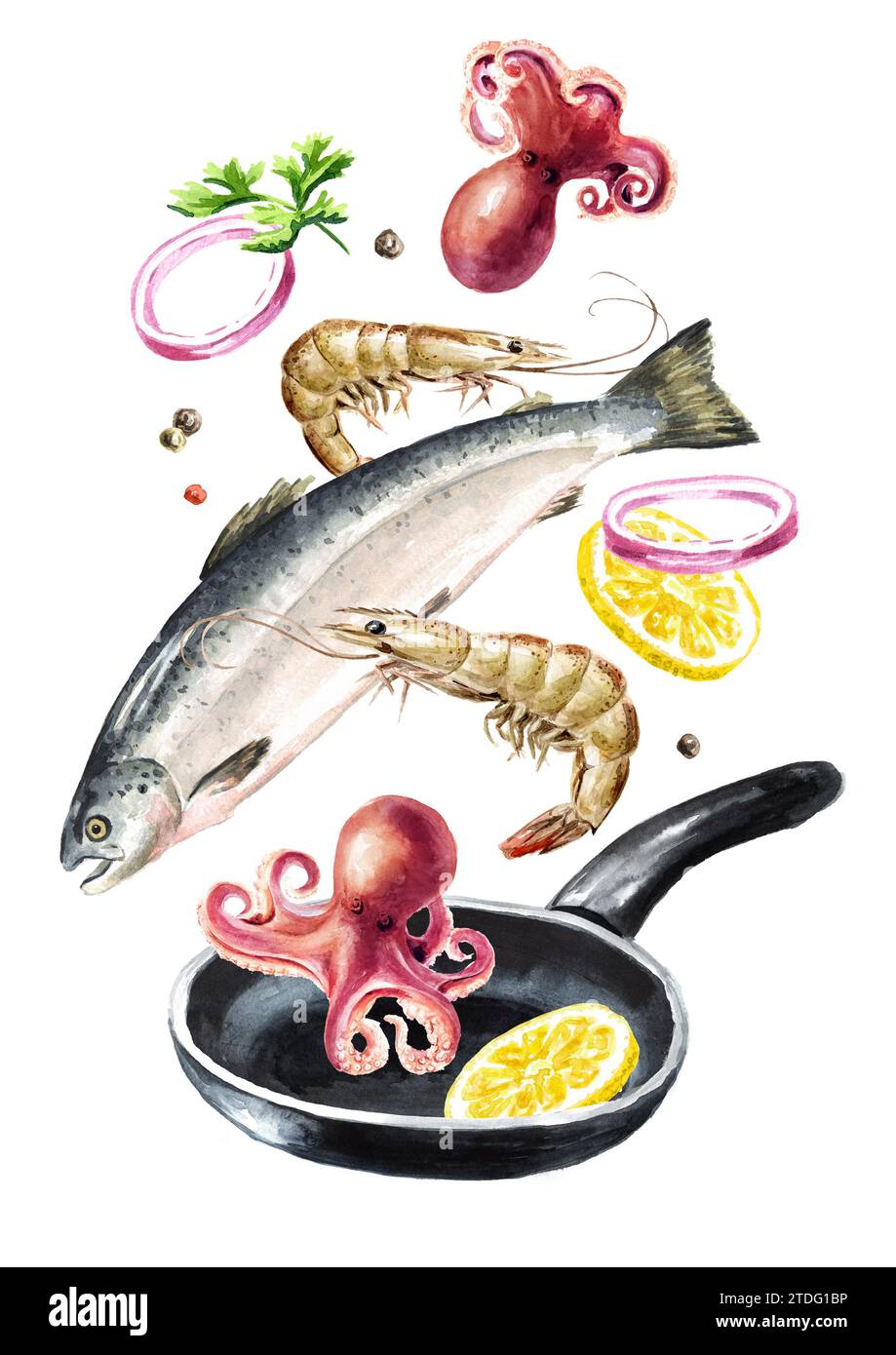 Seafood is tossed in a frying pan. Fish, shrimp, octopus, lemon ...