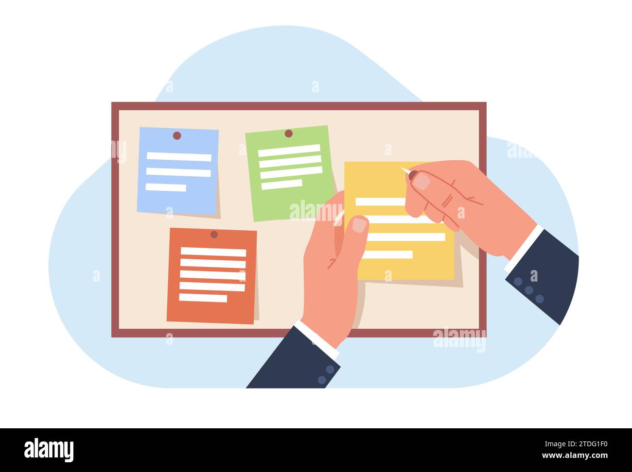 Hands pins note on bulletin board. Colorful stickers on blackboard ...