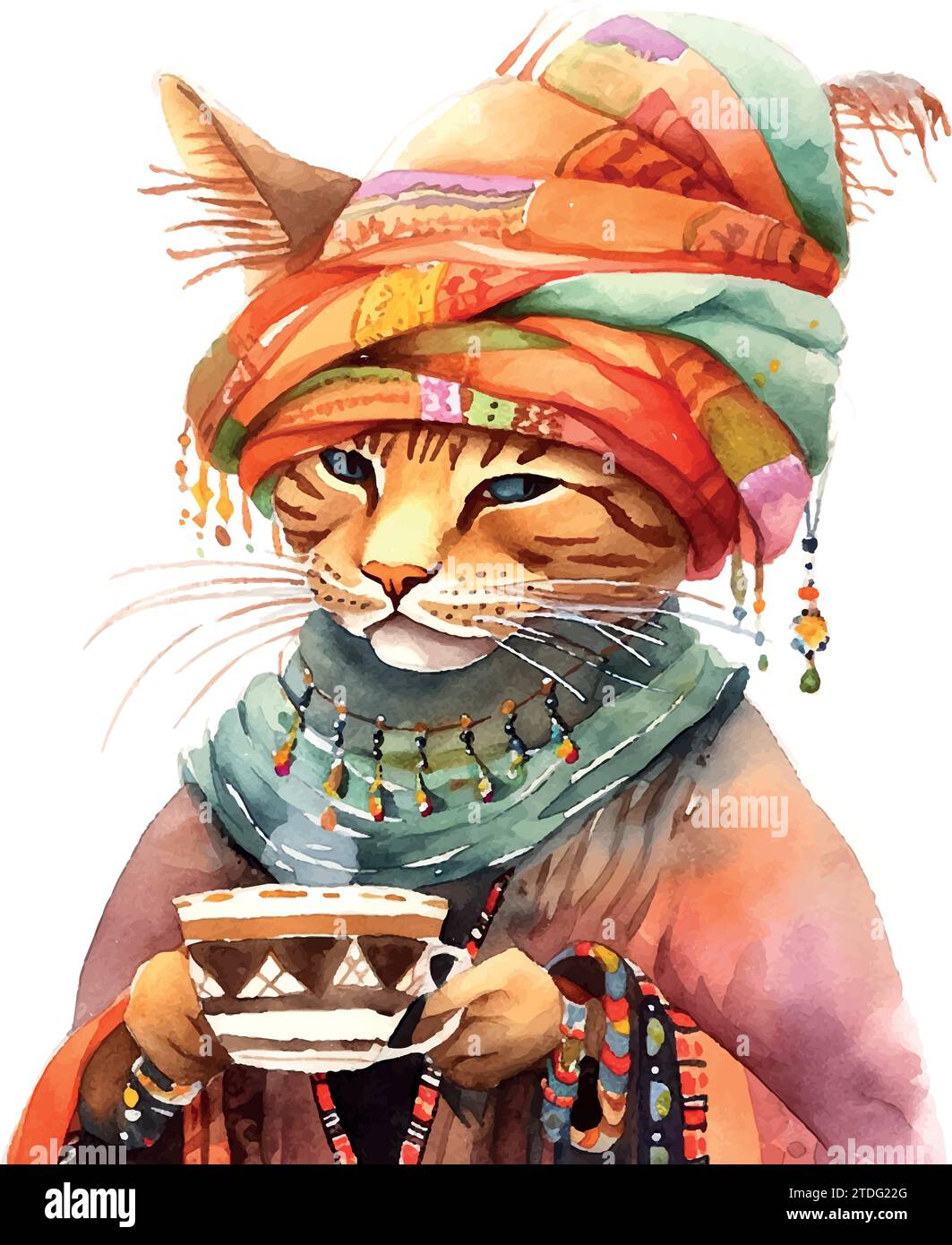 cat in the turban with a cup of coffee watercolor on white Stock Vector ...