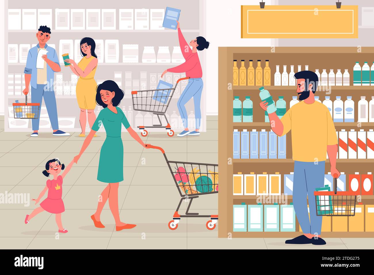 People shopping supermarket. Female and male characters choose products ...