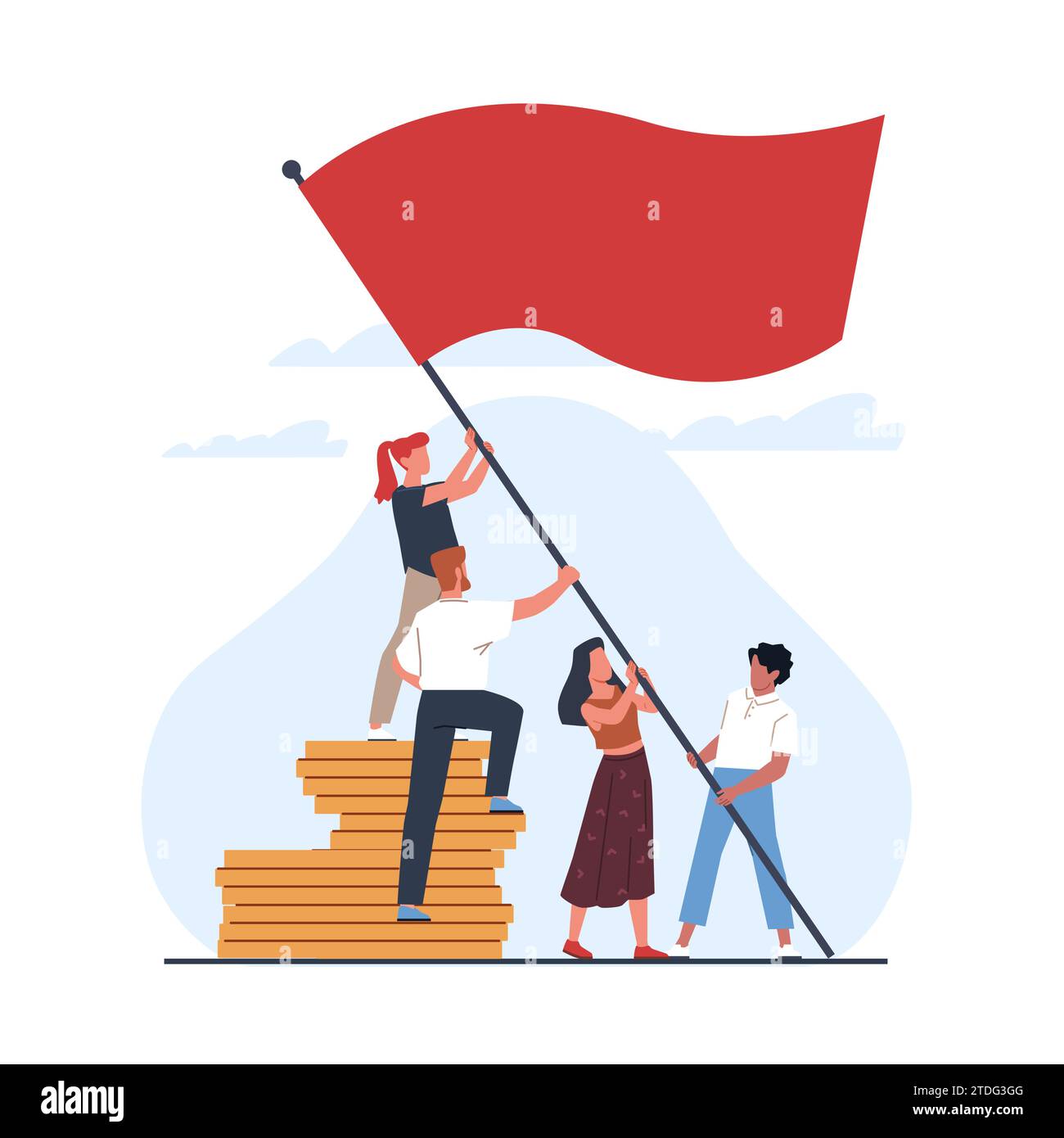 Teamwork, men and women raising red flag. Stack on golden coins ...