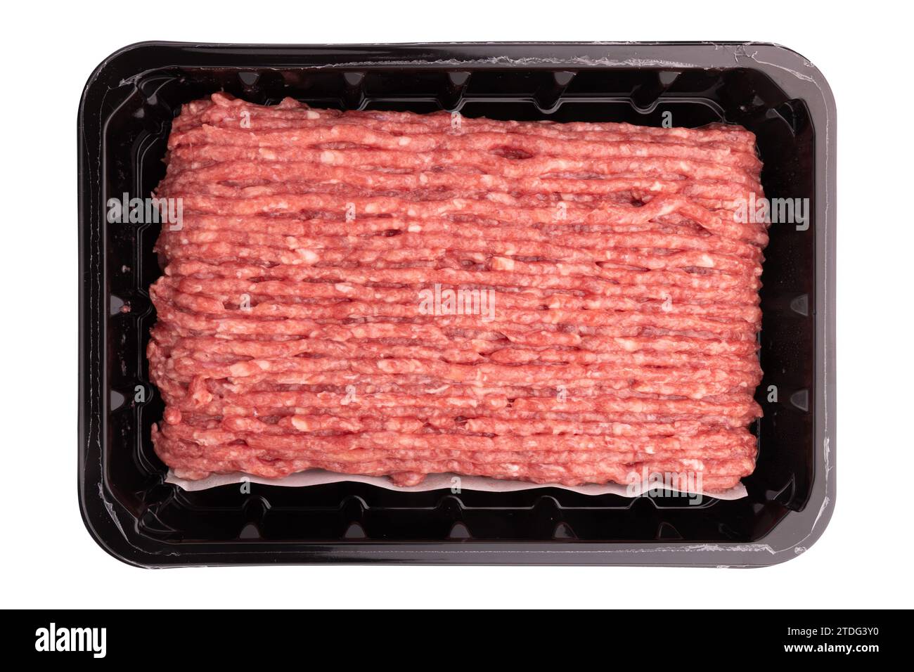 minced meat of pork and beef in black plastic tray, raw fresh forcemeat ...