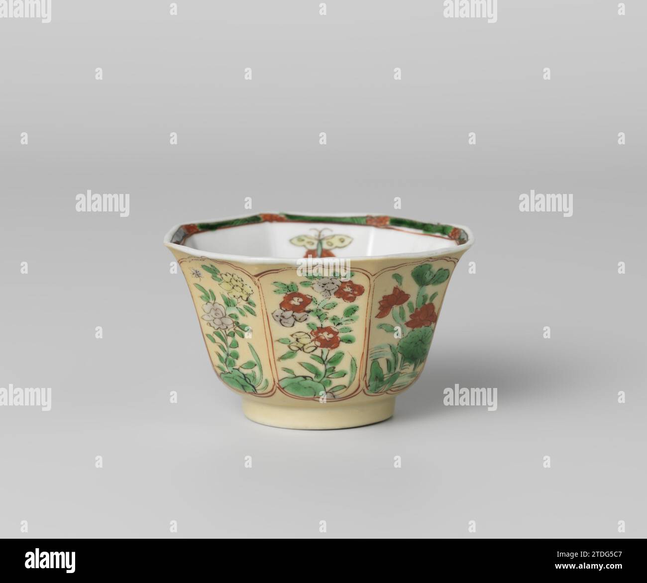 Octagonal cup with light brown, animals and flower sprays, anonymous, c ...