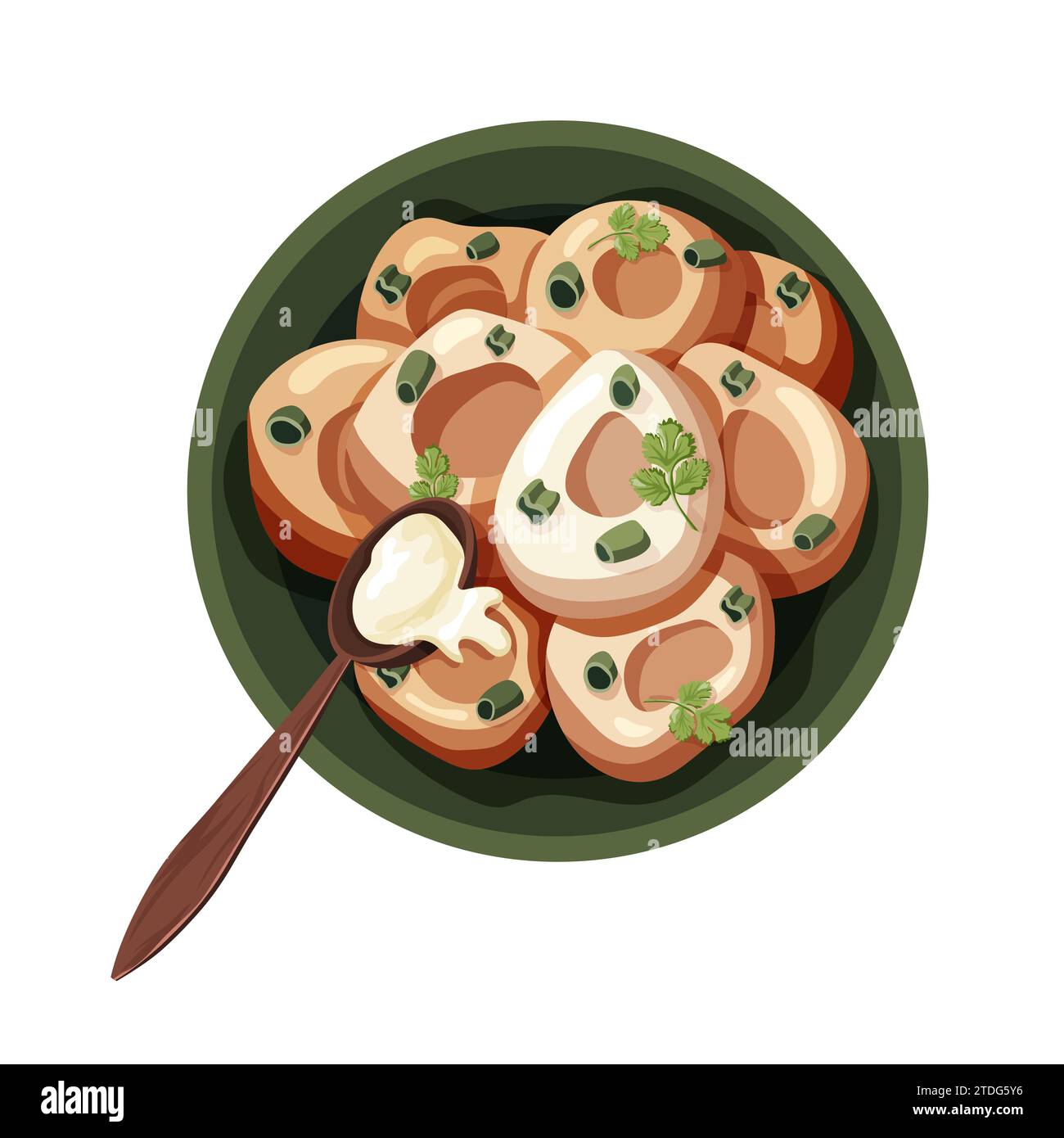 Dish dumplings in a wooden plate, with parsley, onion and sour cream ...