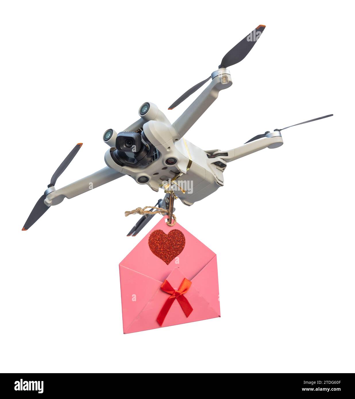 Drone isolated on a white background delivering a love letter in a pink ...