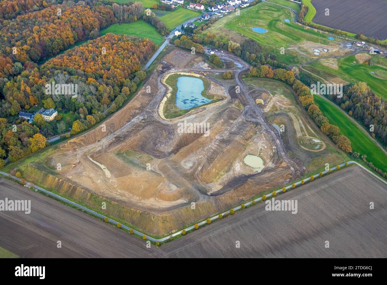 Aerial view, building land construction area renaturation Harpener Bach ...