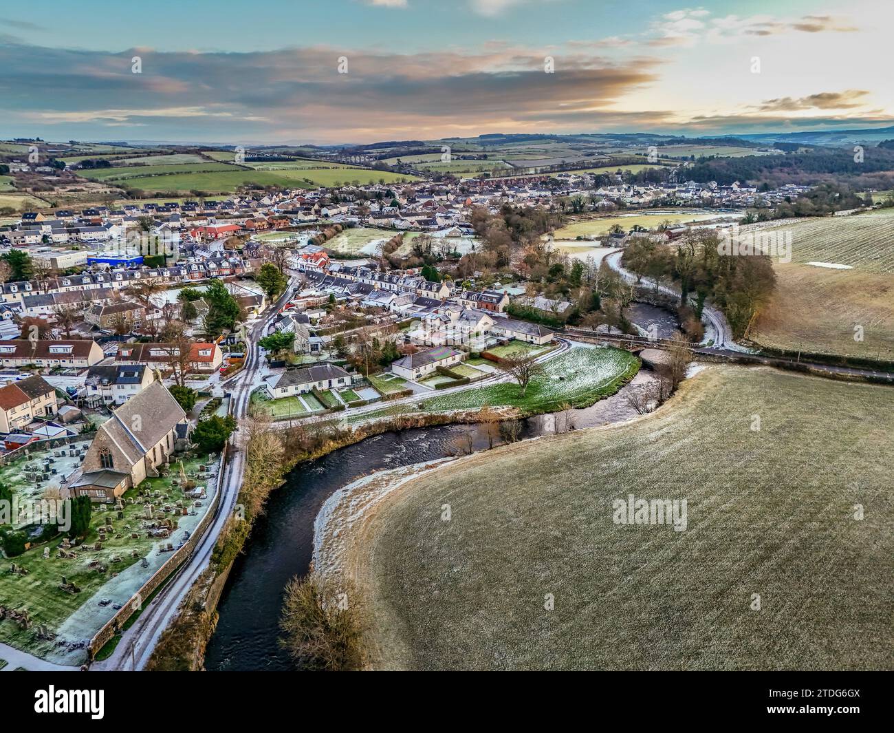 Aerial view of the Scottish village of Dalrymple and the River Doon as ...