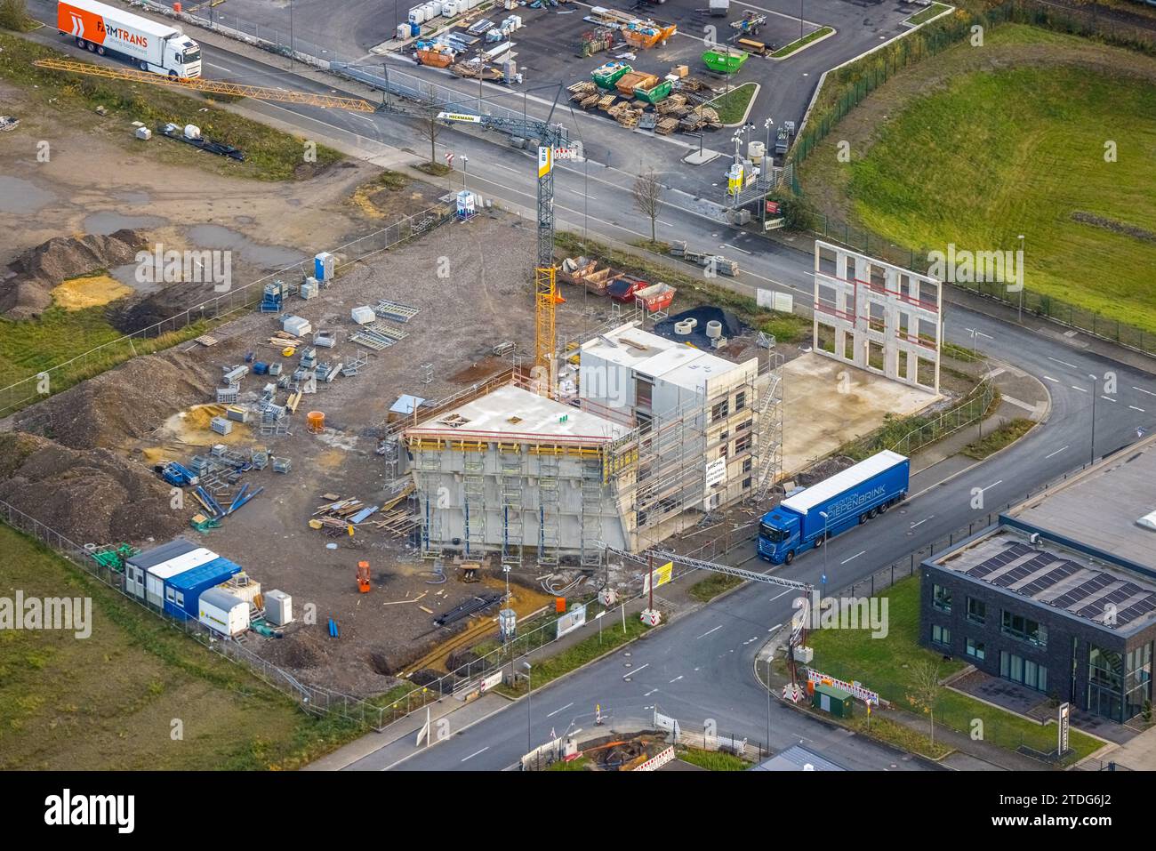 Aerial view, construction site and scaffolding with new building An der Salzstraße corner ...