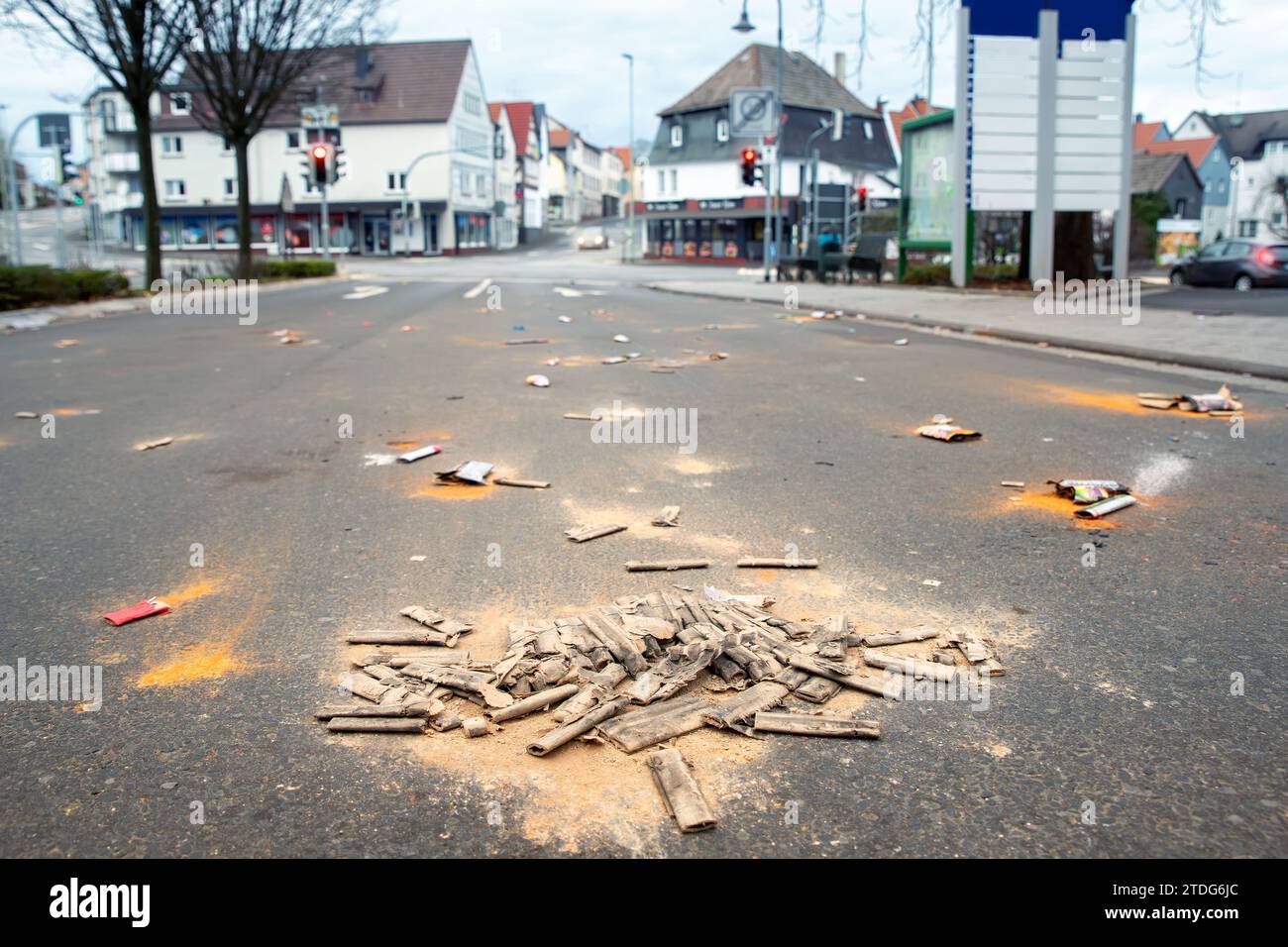 Fireworks rocket launcher box trash remains on german city street after ...