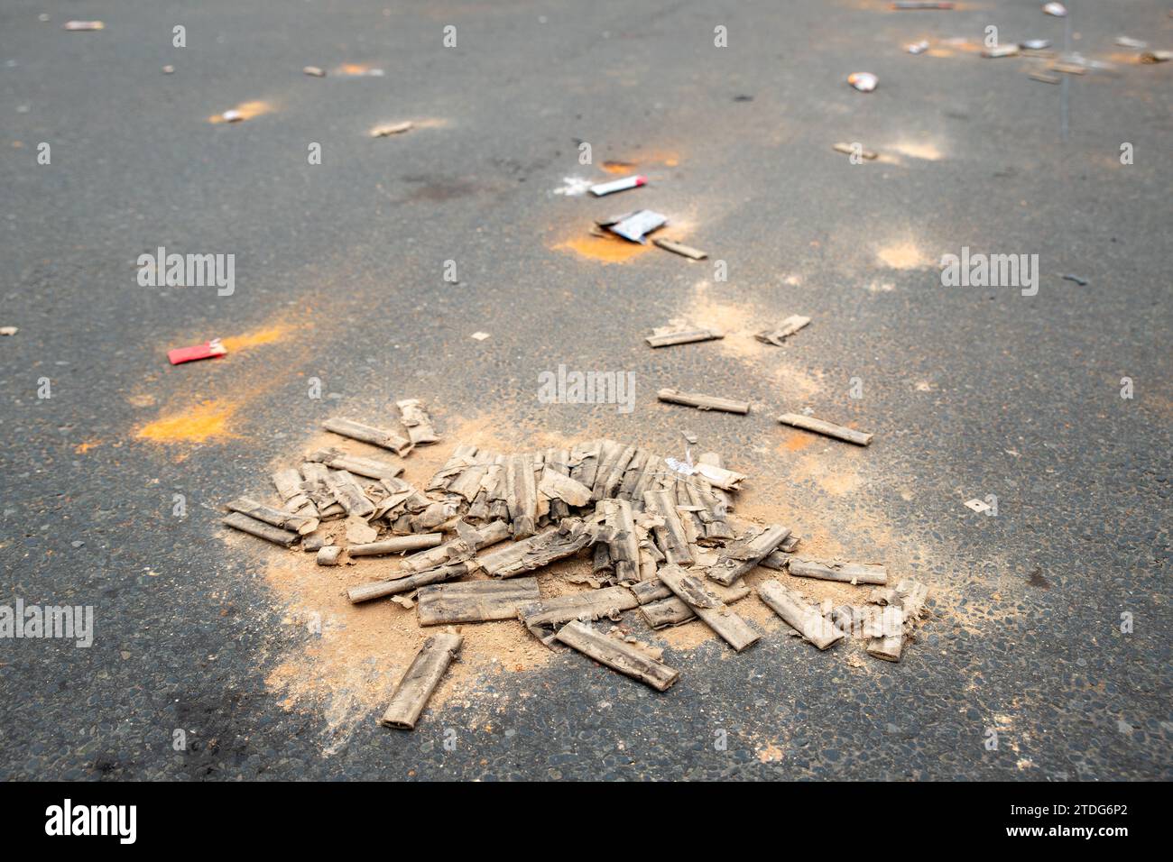 Fireworks rocket launcher box trash remains on german city street after ...