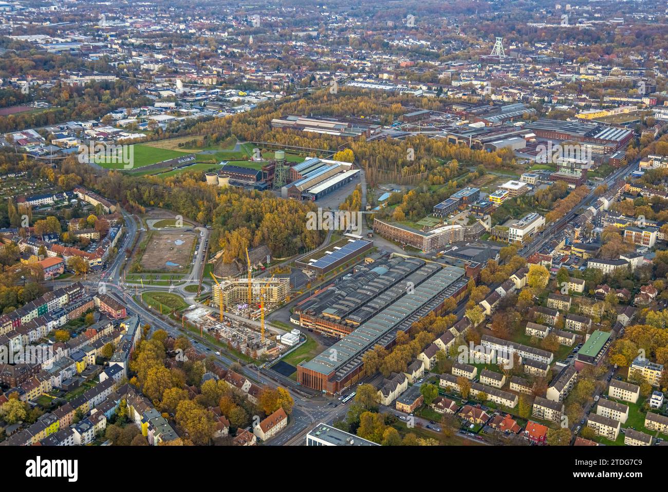 Aerial view, construction site with new TRIUM office building Bochum ...