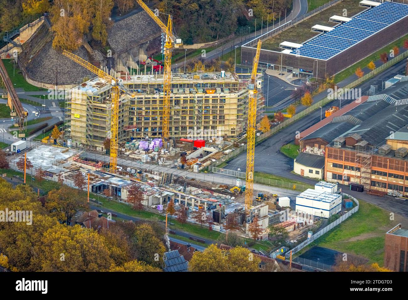 Aerial view, construction site with new building TRIUM Bürogebäude ...