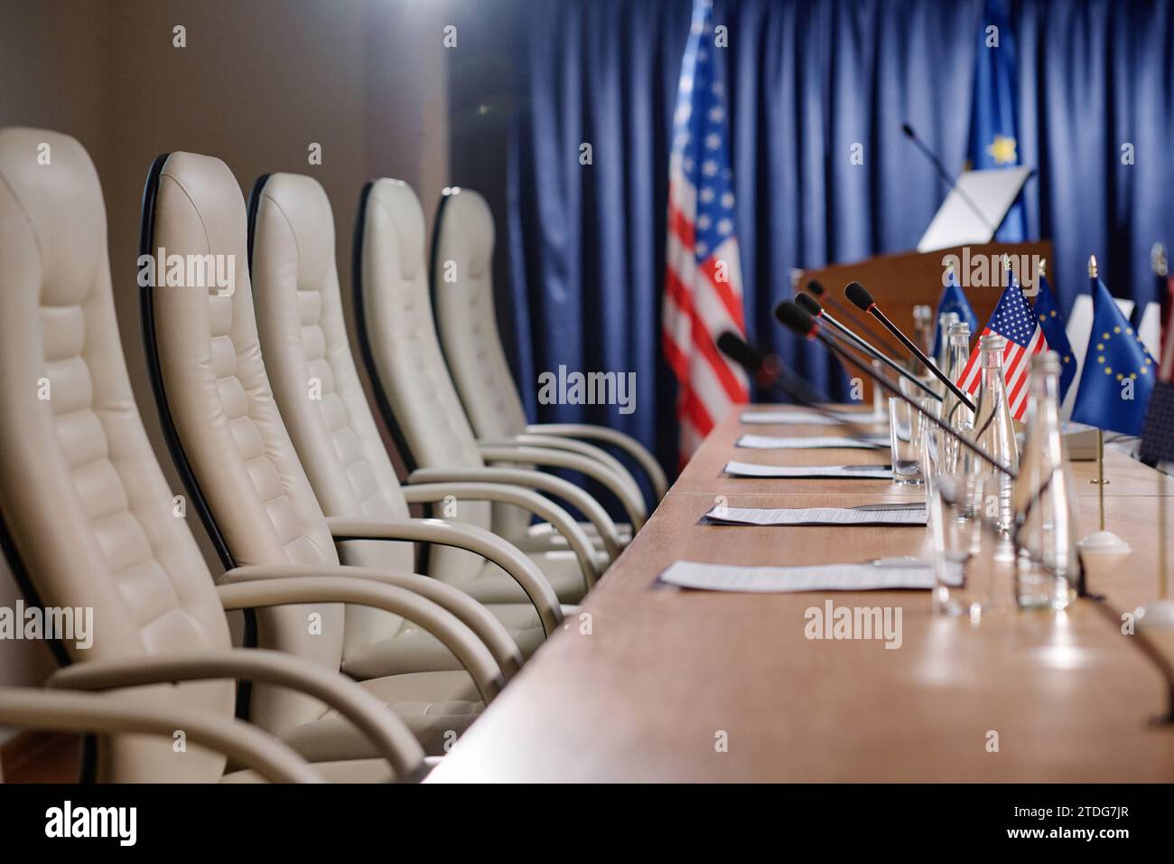 Empty places with microphones for business people during international ...