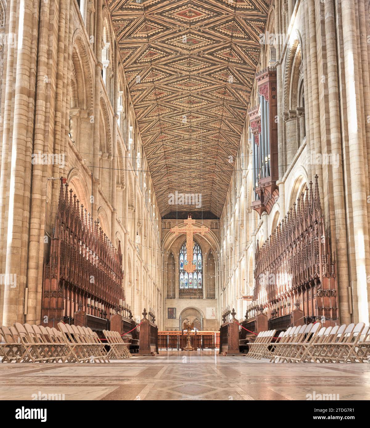 Choir and nave with painted wooden ceiling in the norman (romanesque ...