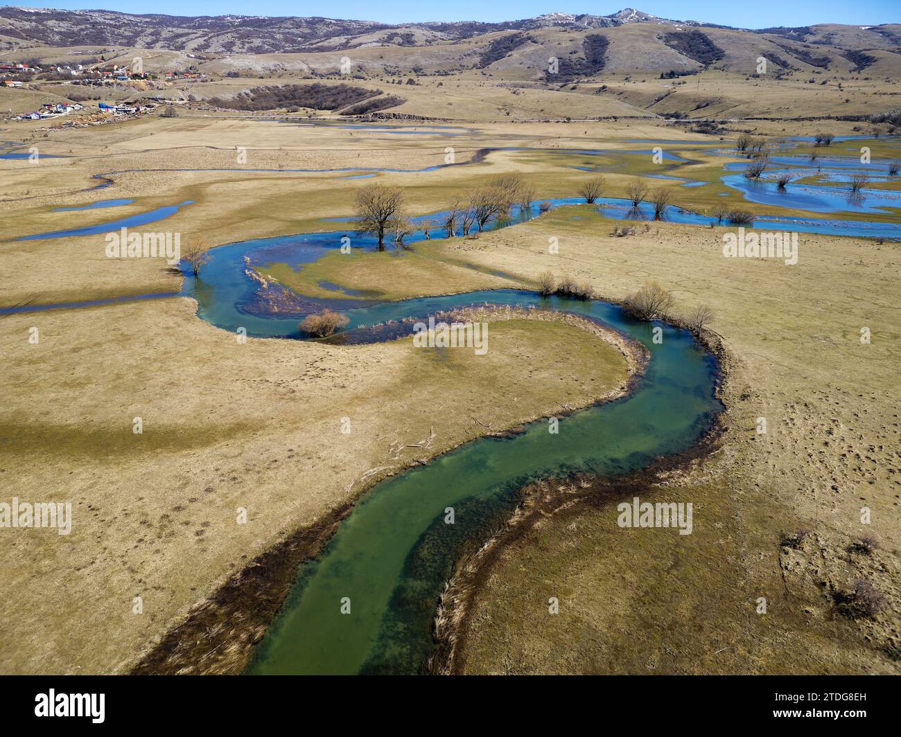 Aerial drone view of an amazing beautiful serpentine river. Vibrant ...