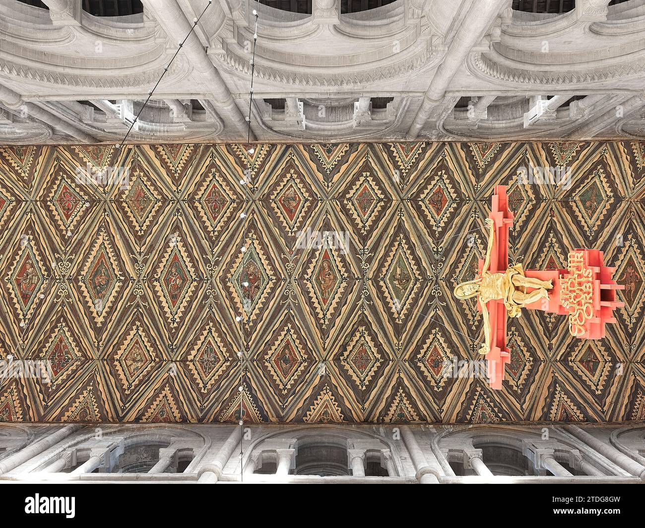 The painted wooden ceiling onver the nave in the norman (romanesque ...