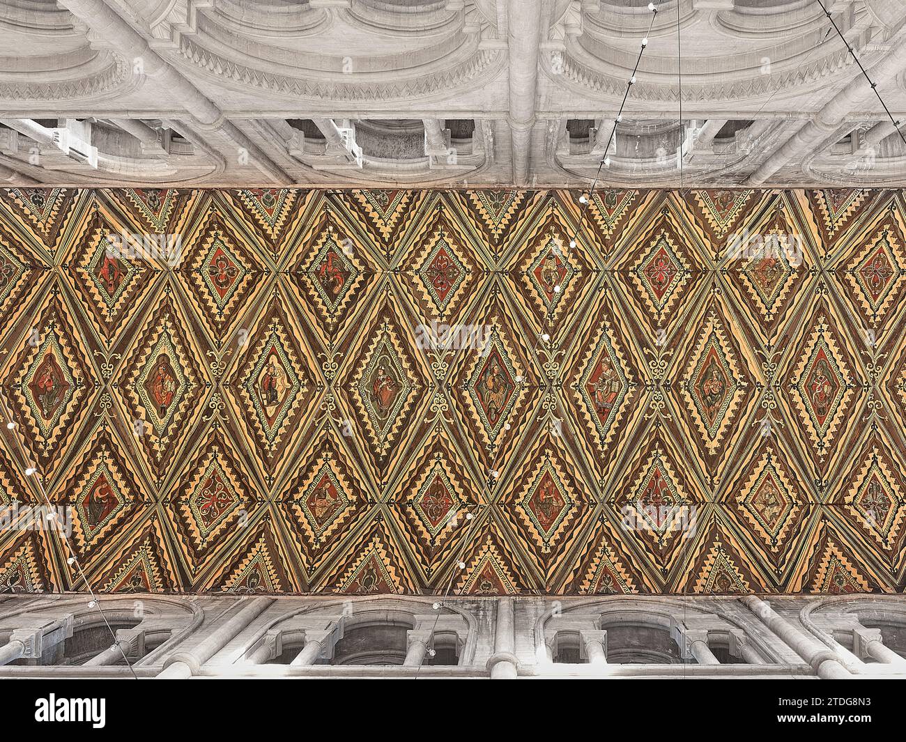 The painted wooden ceiling onver the nave in the norman (romanesque ...