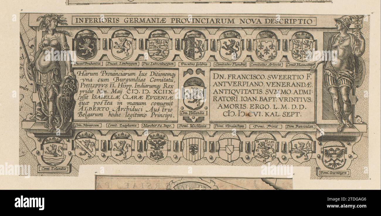 Elongated cartouche with the weapons of the seventeen provinces, 1606 Elongated cartouche of a ...