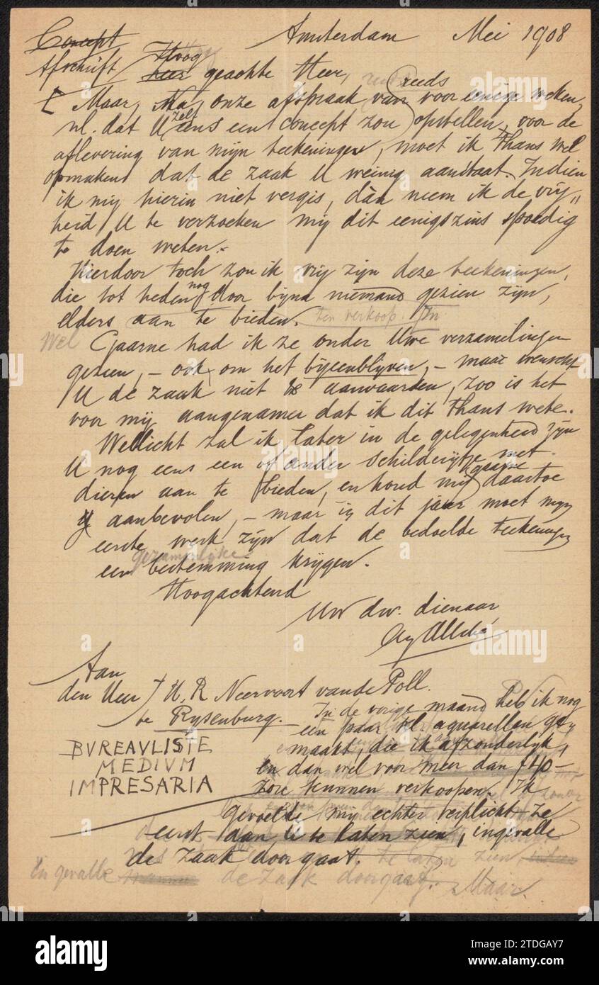 Letter to J.R.H. Neervoort van de Poll, August Allebé, 1908 Copy of a ...