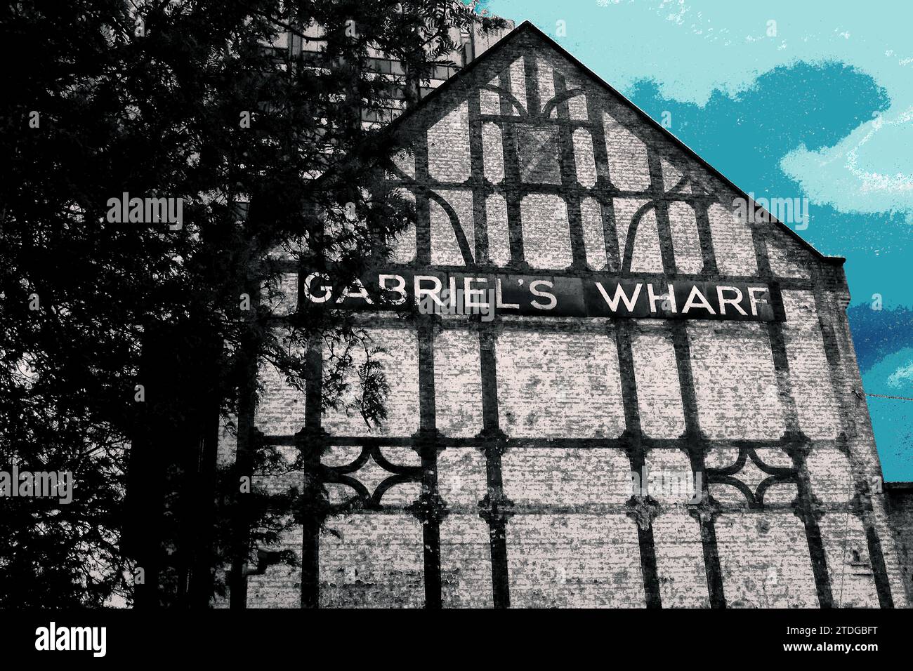 Art of a mock Tudor building with the words Gabriel's Wharf, one of the ...