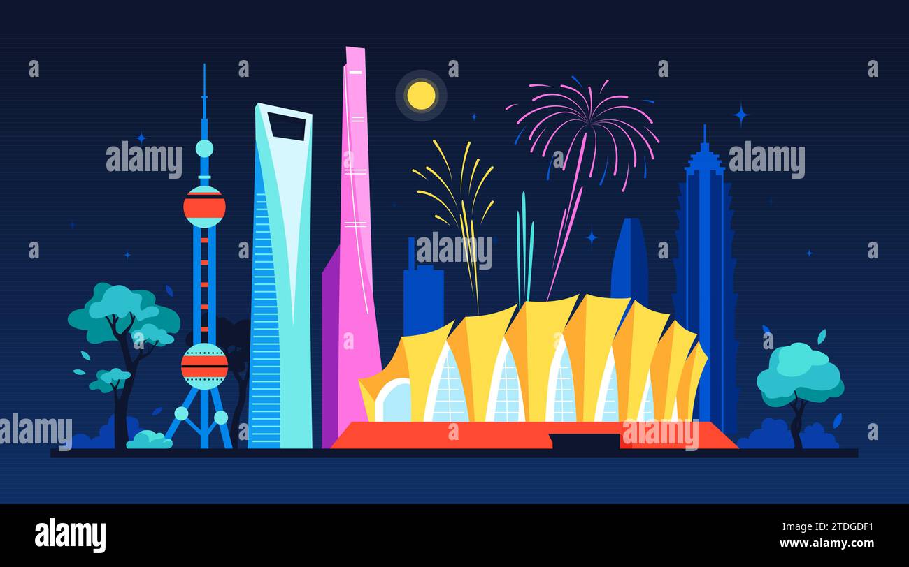 Night China in neon lights - modern colored vector illustration Stock ...