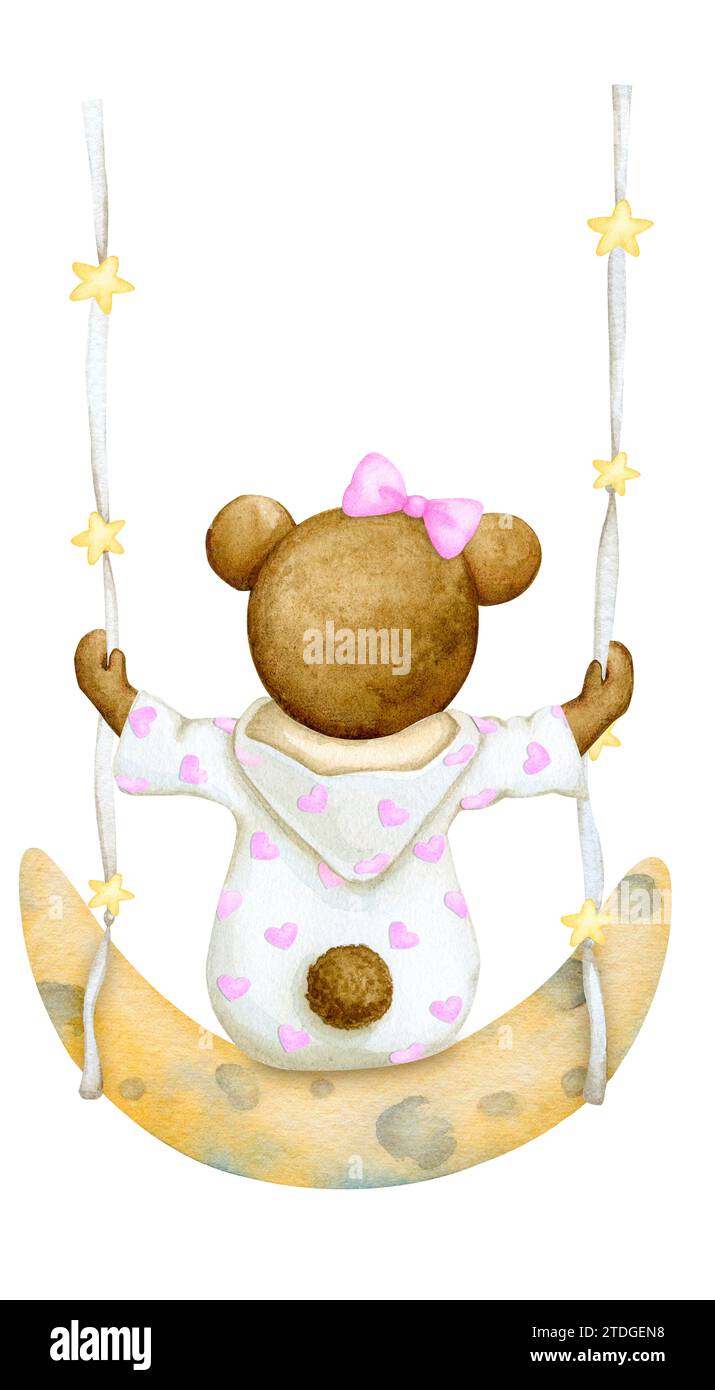Cute baby bear rides on a moon-shaped swing. Girl. Hand painted ...