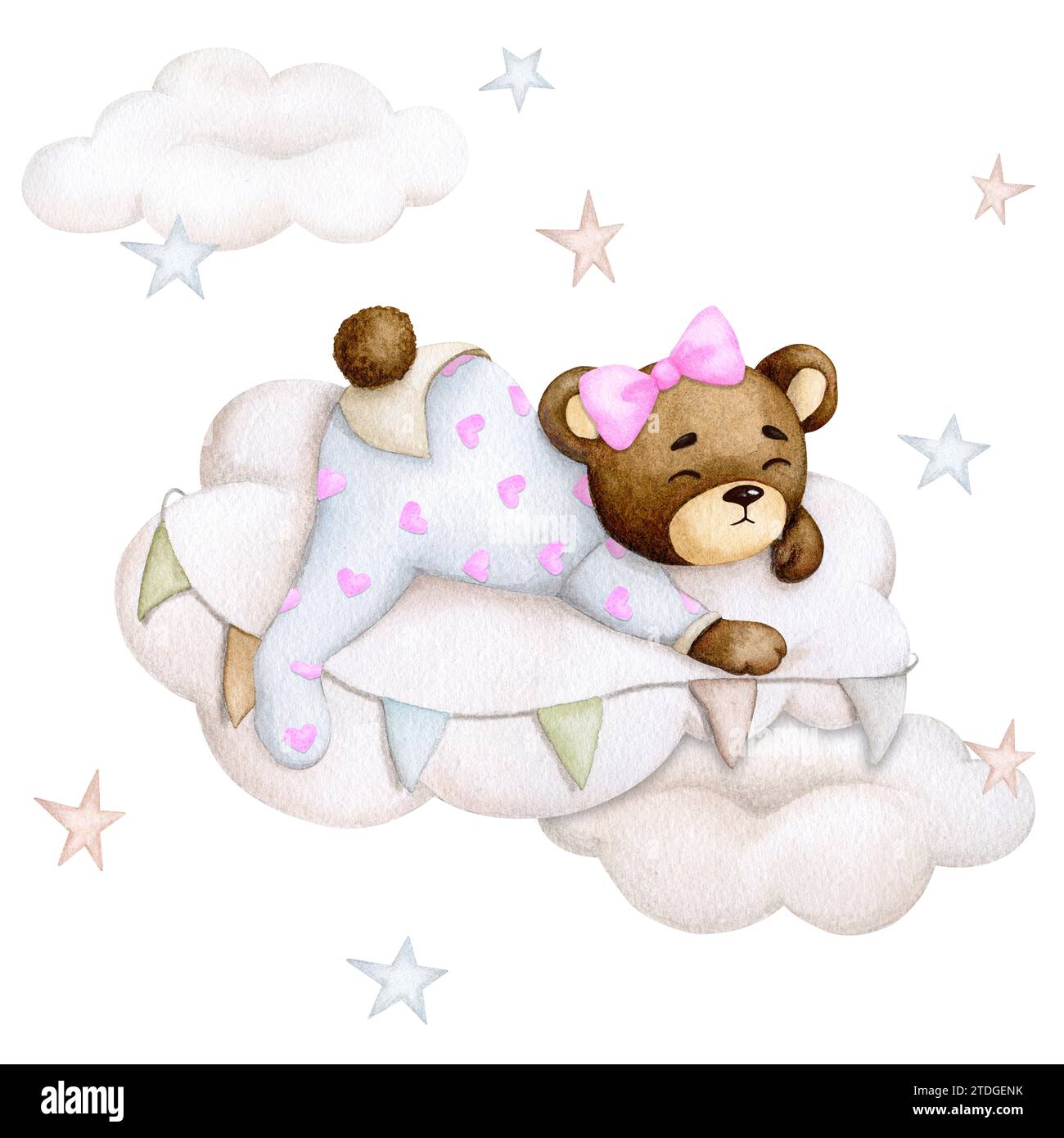 Cute baby bear sleeping on a cloud. Girl. Hand painted watercolor ...