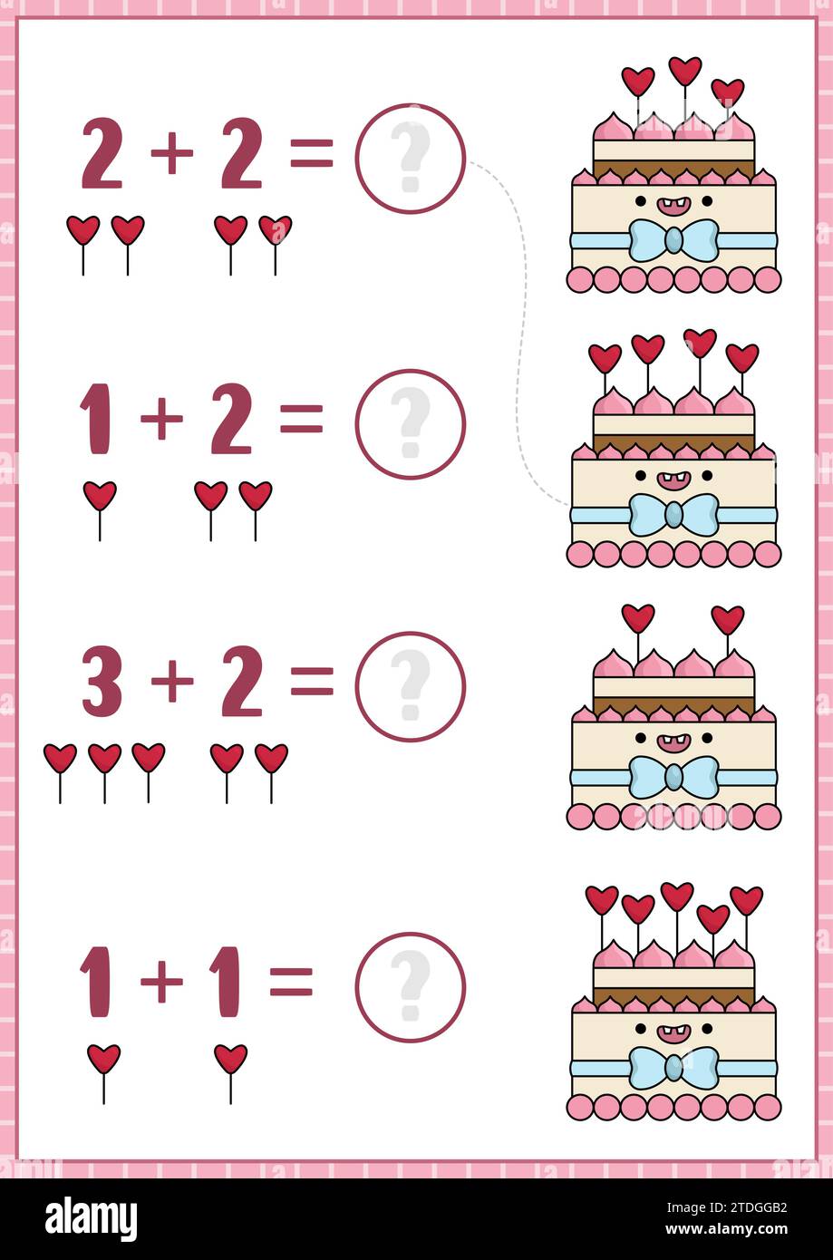 Saint Valentine counting and matching game with kawaii cake with hearts ...