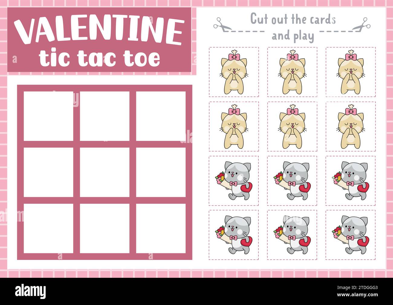 Vector Saint Valentine tic tac toe chart with cat couple. Kawaii board ...