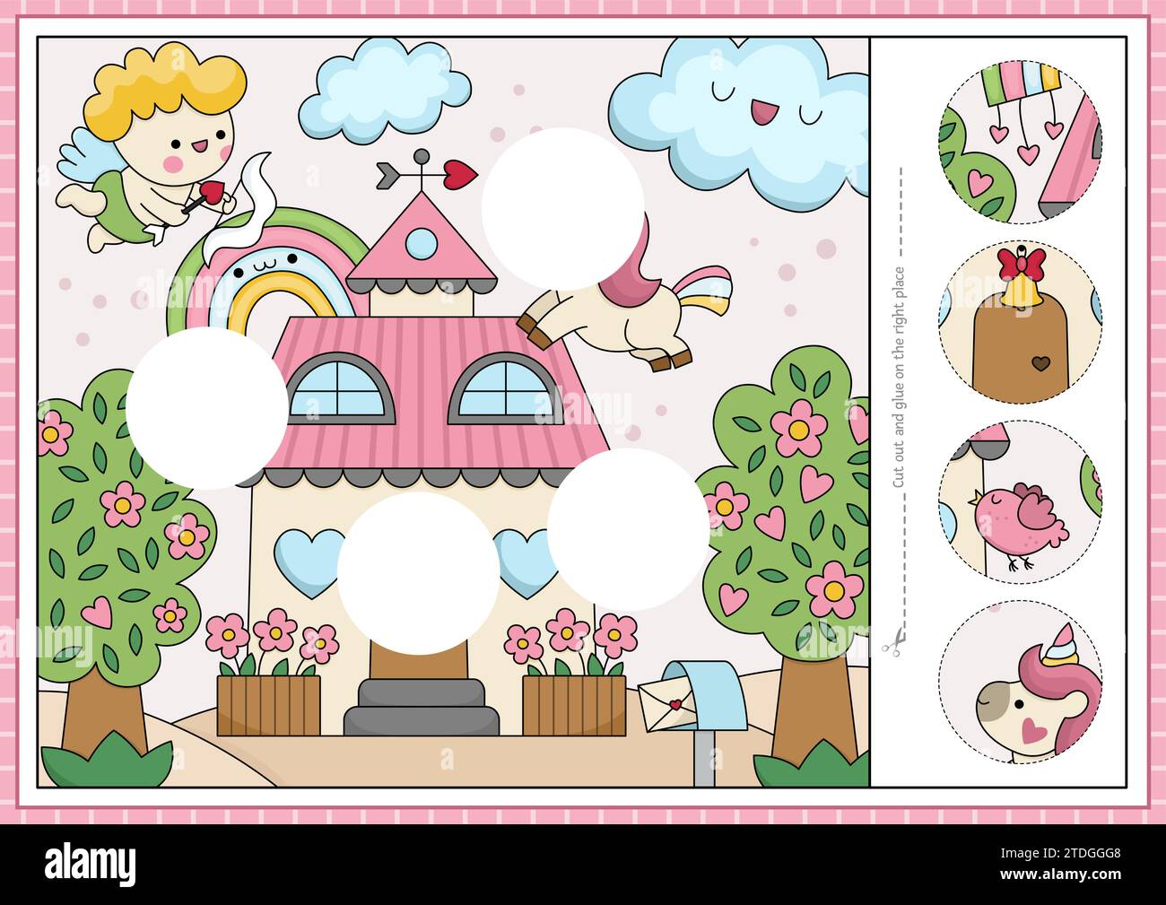 Vector Saint Valentine cut and glue activity. Crafting game with cute ...