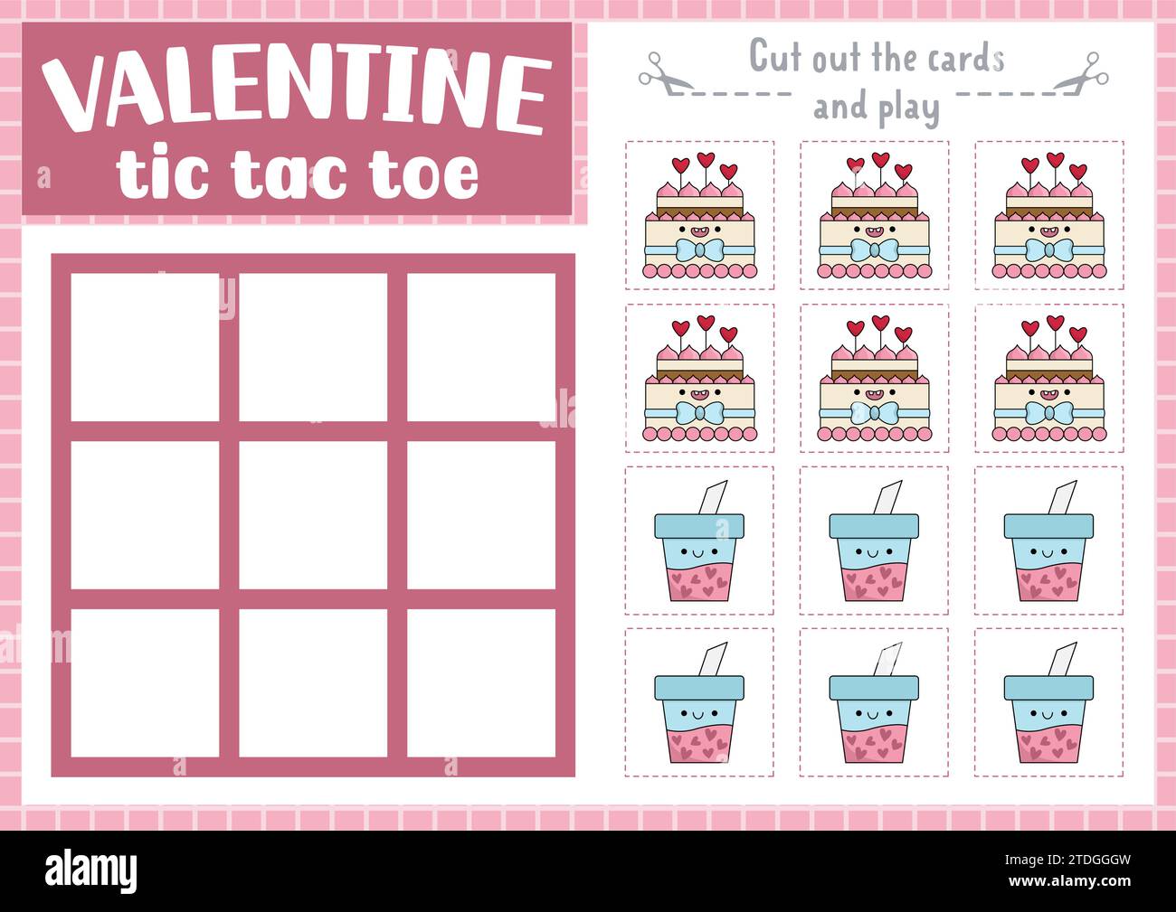 Vector Saint Valentine tic tac toe chart with cake and drink with ...