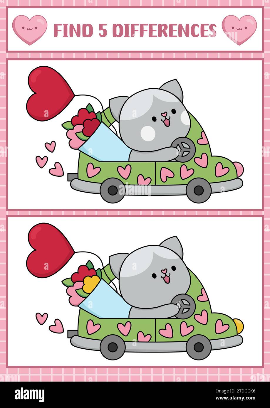 Saint Valentine kawaii find differences game for children. Attention ...